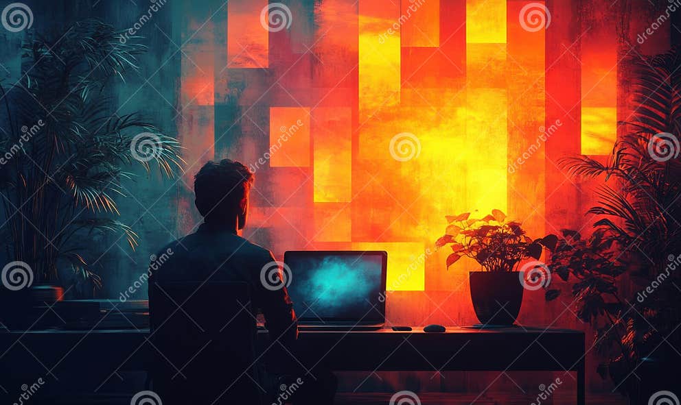 Creative Individual Working at a Desk with Glowing Abstract Backdrop ...