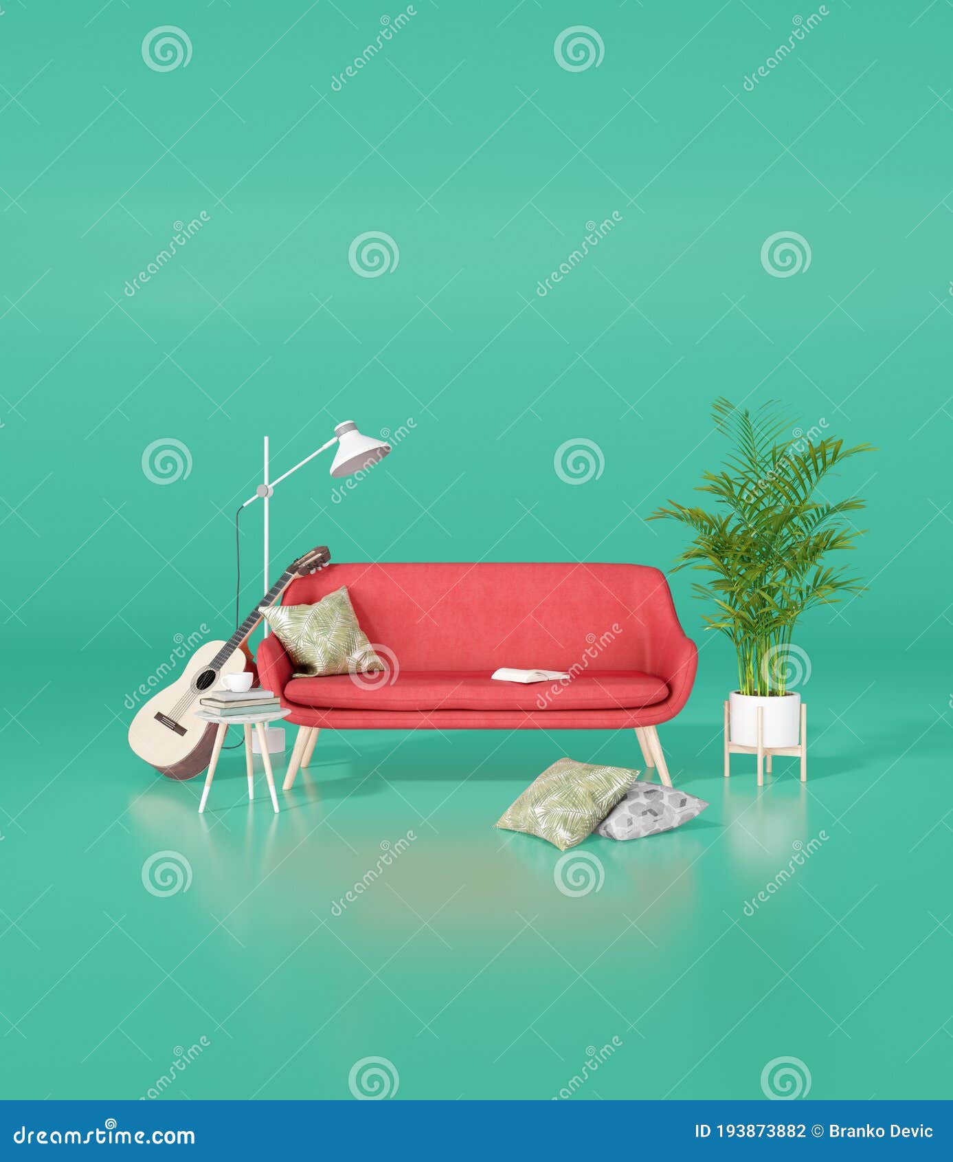 Creative Interior Design in Green Studio with Red Sofa. Minimal Color ...