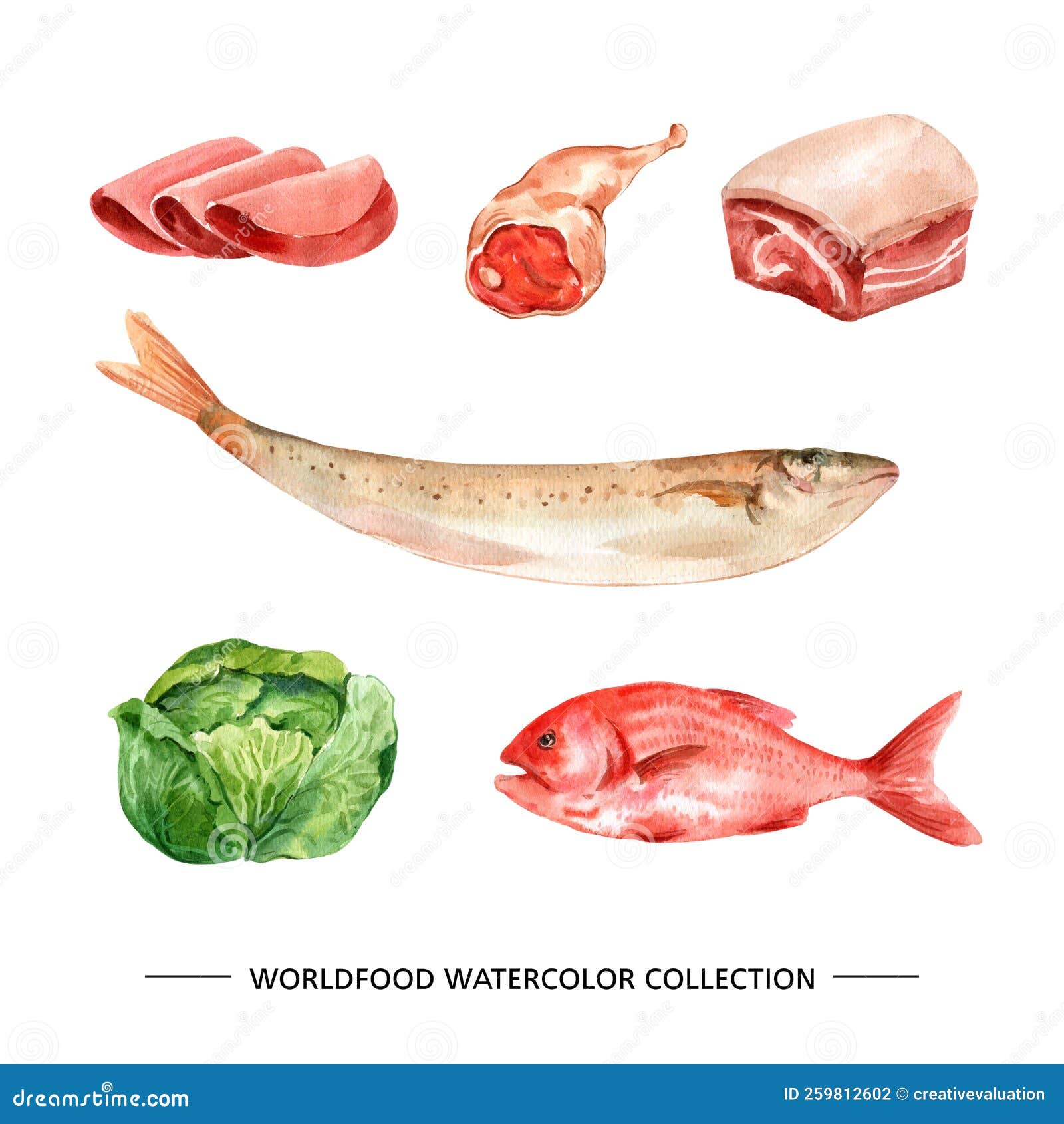 Creative Isolated Watercolor Ham, Fish, Meat Illustration for ...