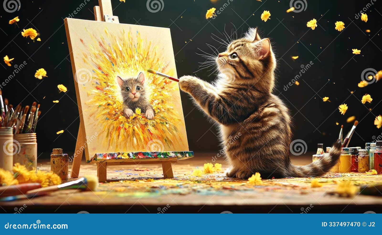 Creative Kitten Painting Canvas with Bright Floral Explosion Stock ...