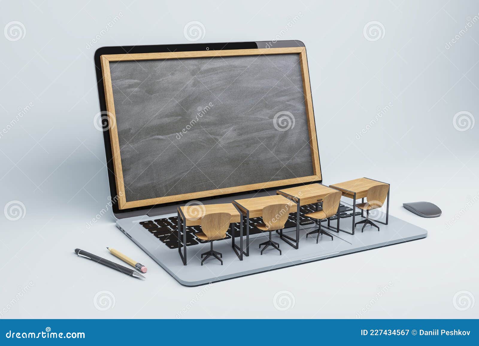 Creative Laptop Blackboard Screen Classrom on Light Background. Online ...