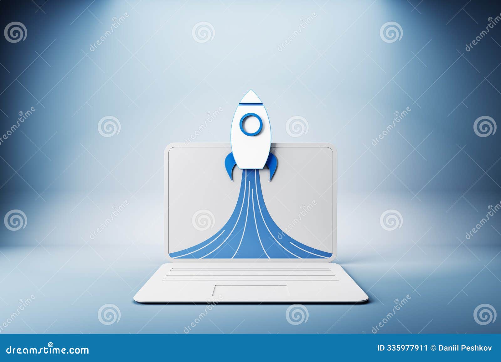 Creative Laptop Computer with Launching Spaceship on Light Blue ...