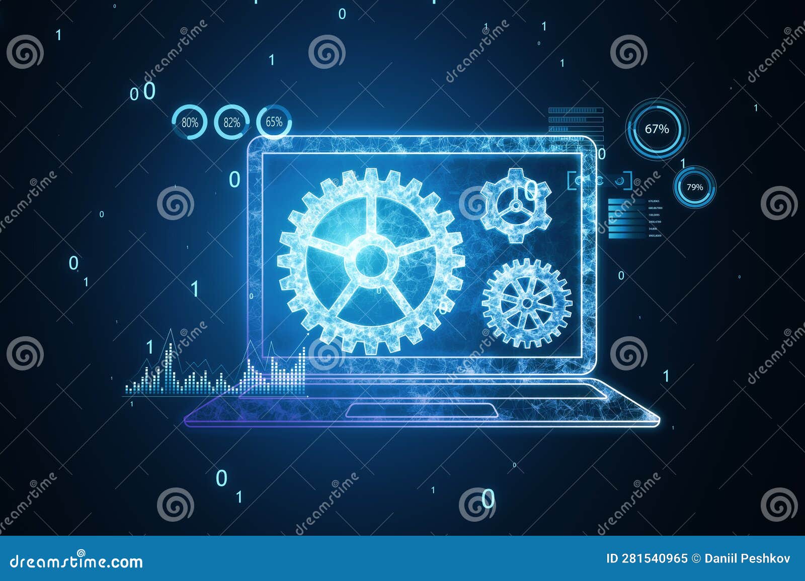 Creative Laptop with Glowing Cogwheel on Screen. Blurry Blue Backdrop ...