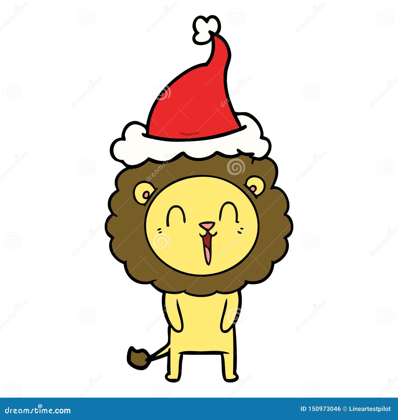 A Creative Laughing Lion Line Drawing of a Wearing Santa Hat Stock ...
