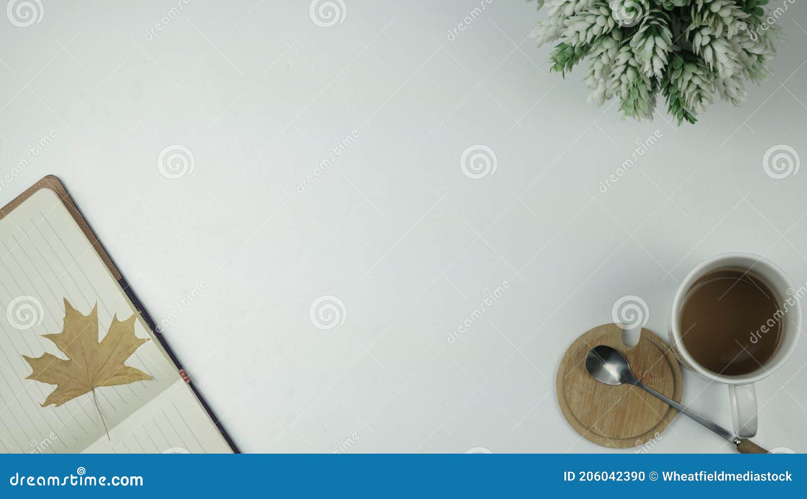 Top View of Desk. Coffee, Maple Leaf Specimen on Notebook. Copy Space ...