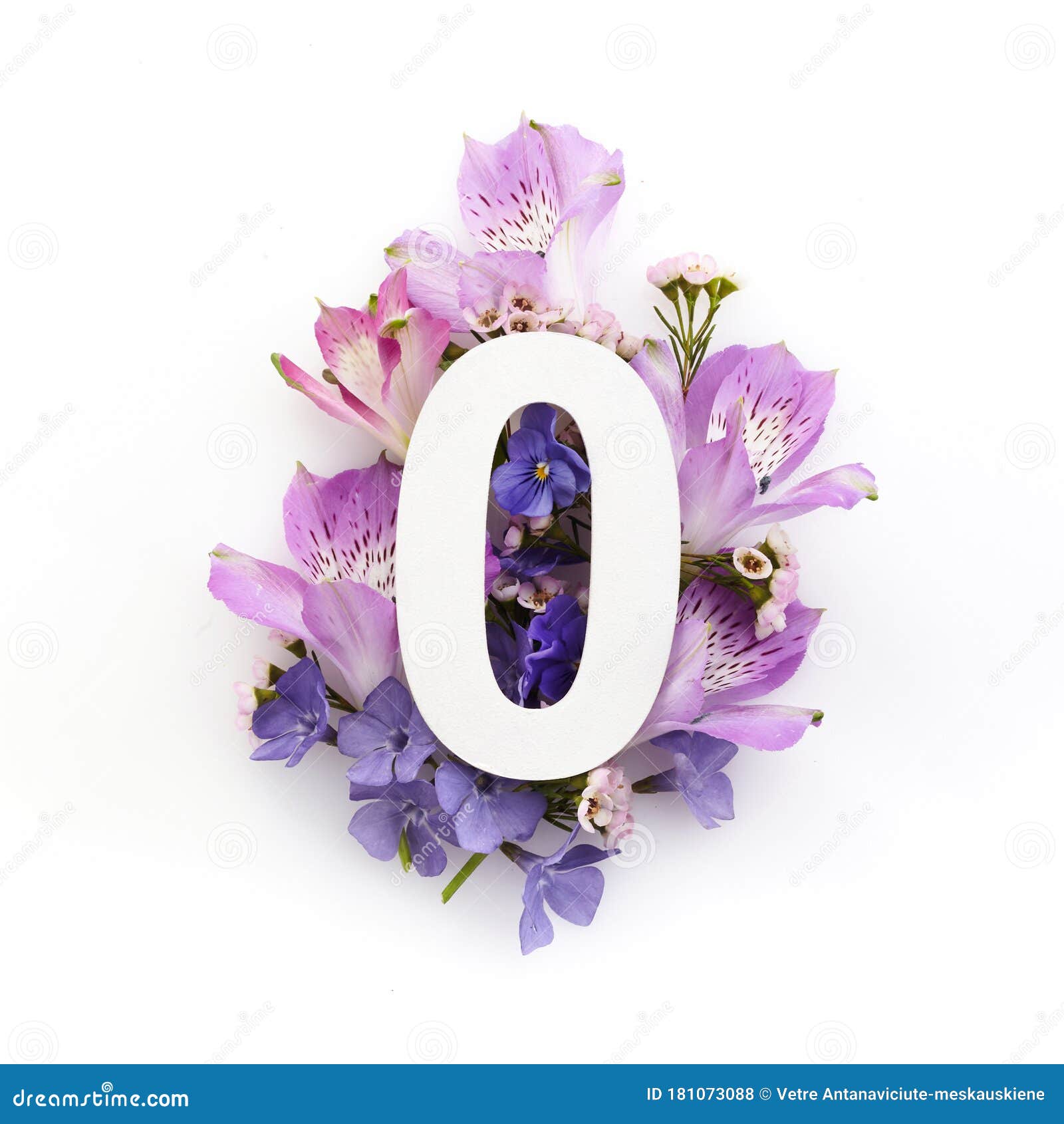 Creative Layout with Colourful Flowers and Number Zero. Flat Lay. Top ...
