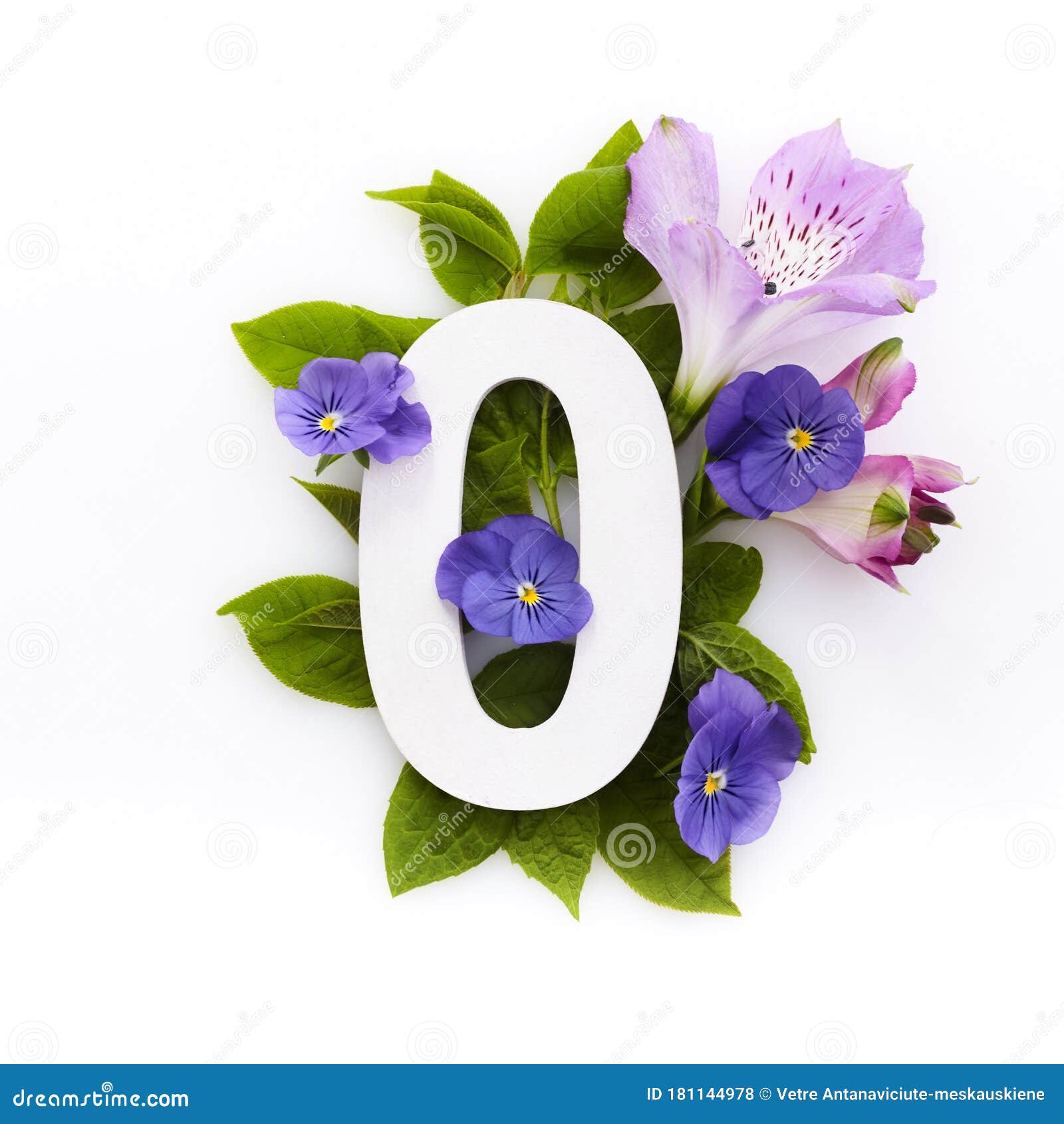 Creative Layout with Colourful Flowers and Number Zero. Flat Lay. Top ...