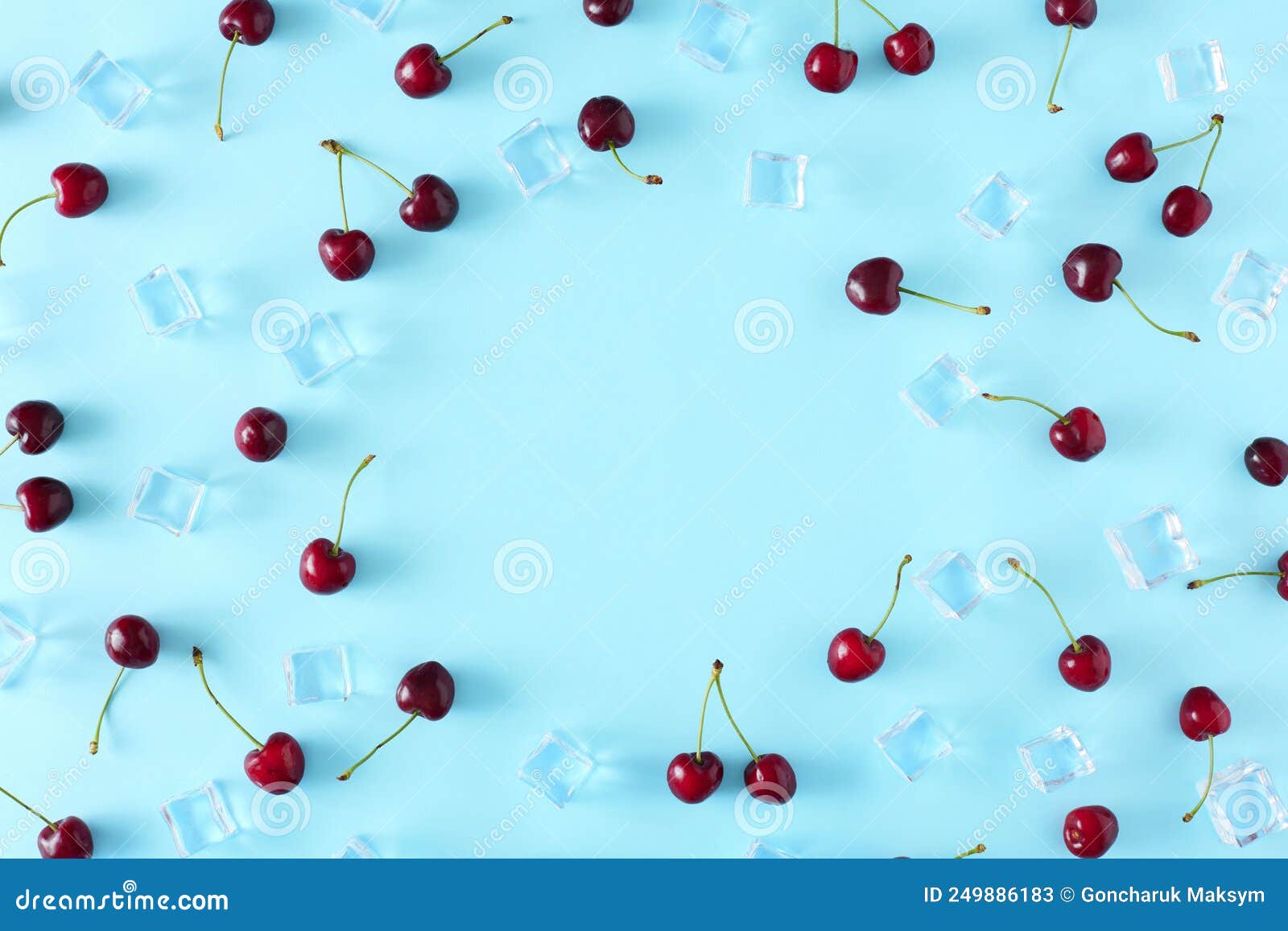 Creative Layout Made of Cherry and Ice Cubes on Blue Background. Border ...