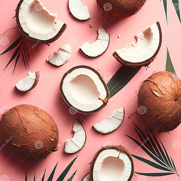Creative Layout Made of Coconuts on Pink Background. Flat Lay, Top View ...