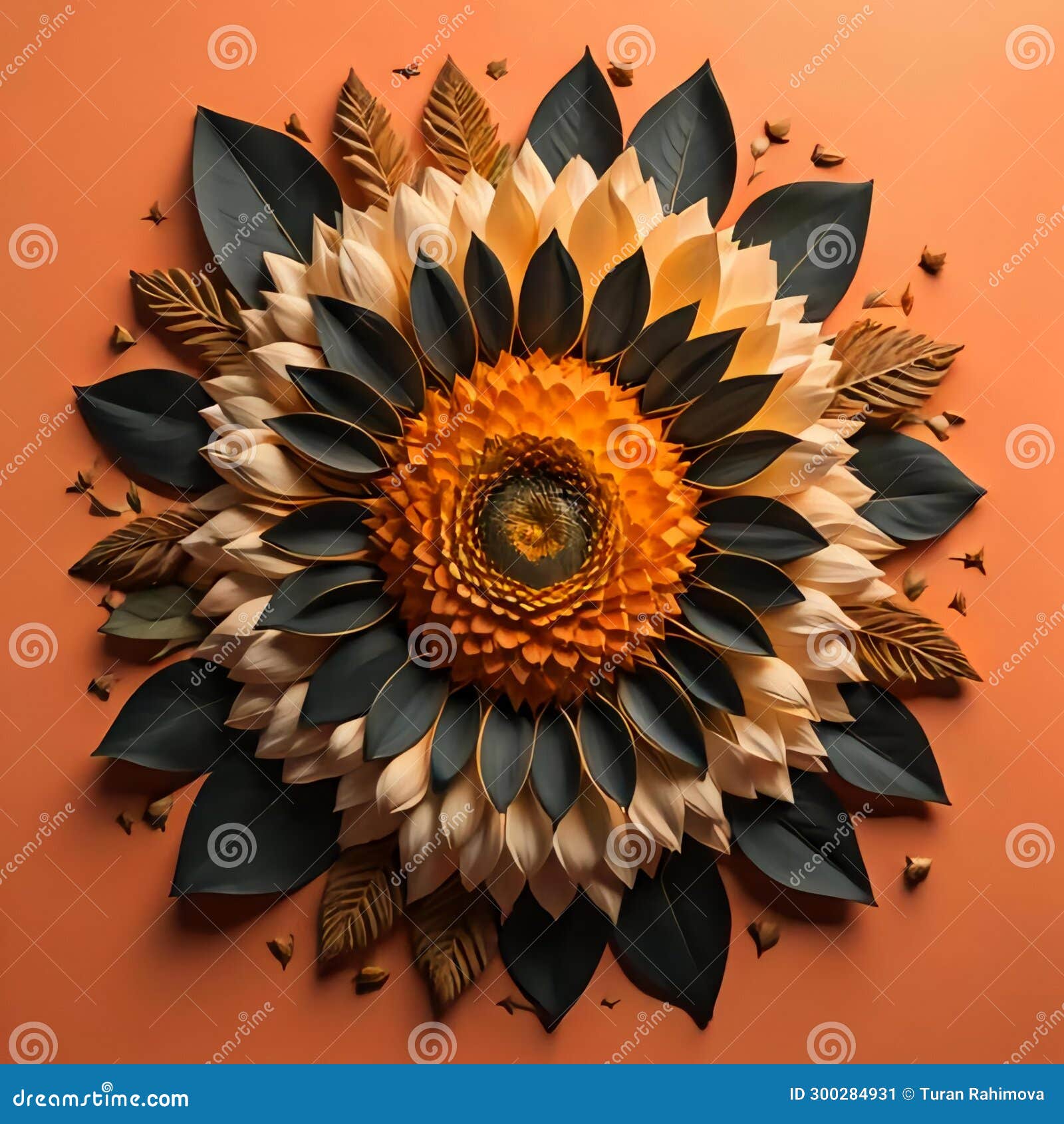 Creative Layout Made of Leaves and Sunflower on Orange Background. Flat ...
