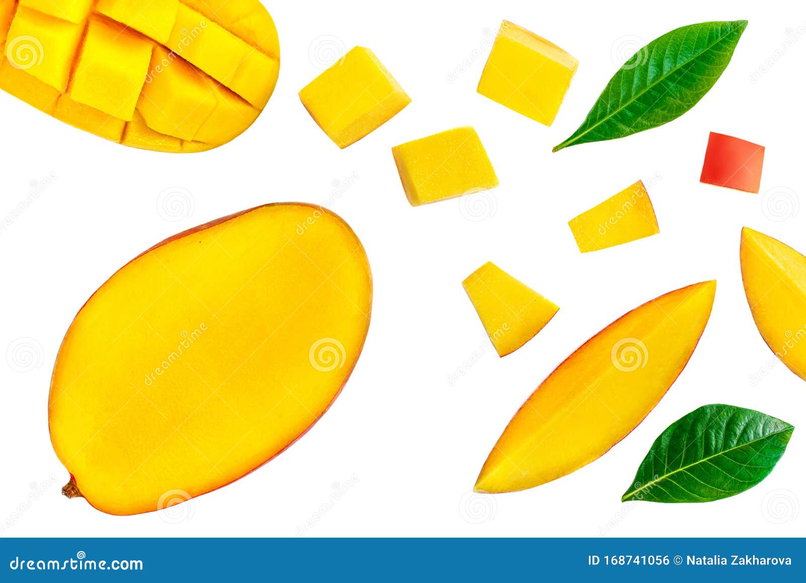 Creative Layout of Mango Fruit with Pieces and Green Leaves Isolated on ...