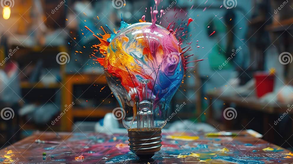 Creative Light Bulb Explodes with Colorful Paint and Colors Stock ... Creative Light Bulb Explodes with Colorful Paint and Colors Stock ...