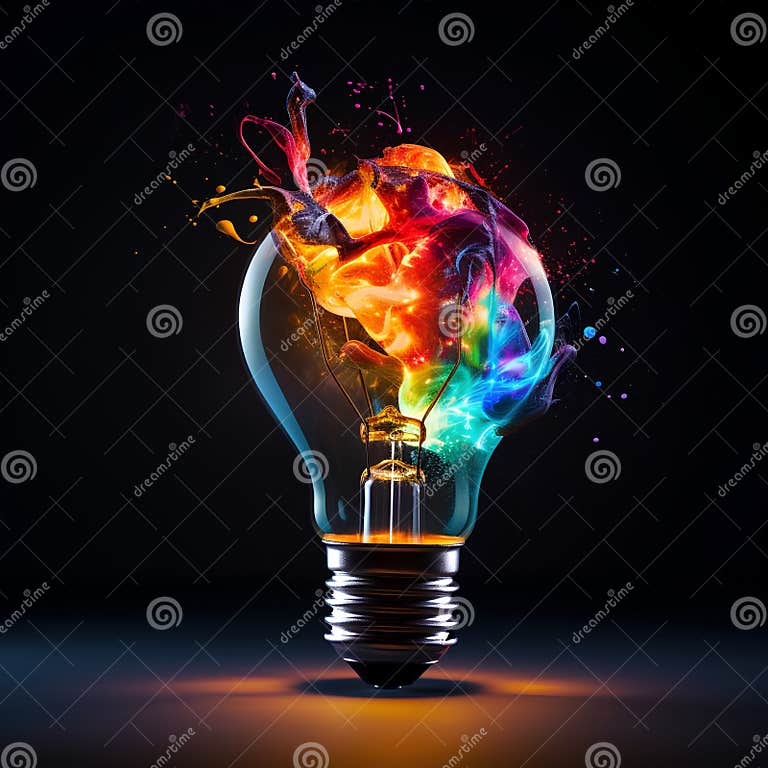Creative Light Bulb Explodes with Colorful Paint and Splashes on a ...