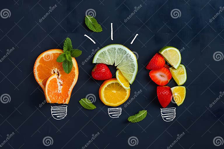 Creative Light Bulb Made of Fruit Slices on Dark Background Stock ...
