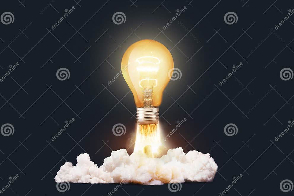 Creative Light Bulb Rocket with Blast and Clouds Takes Off on a Dark ...
