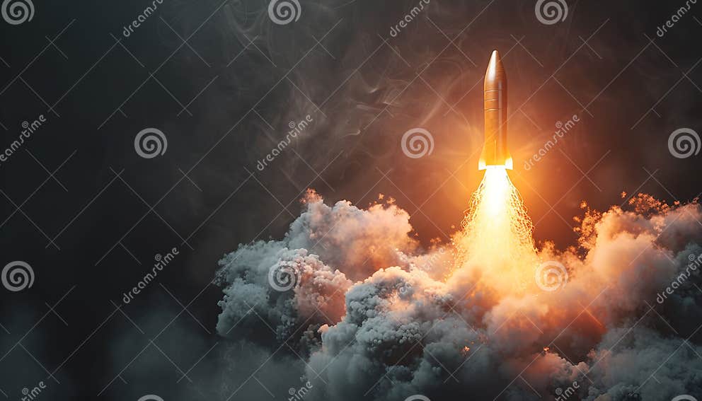 Creative Light Bulb Rocket with Blast and Smoke Takes Off on Black ...