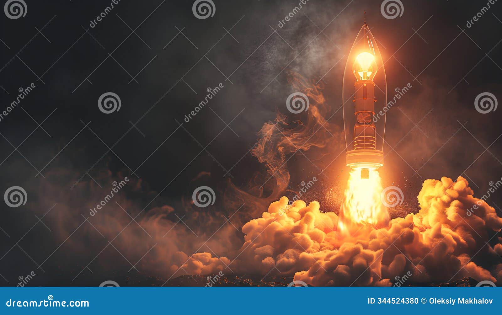 Creative Light Bulb Rocket with Blast and Smoke Takes Off on Black ...