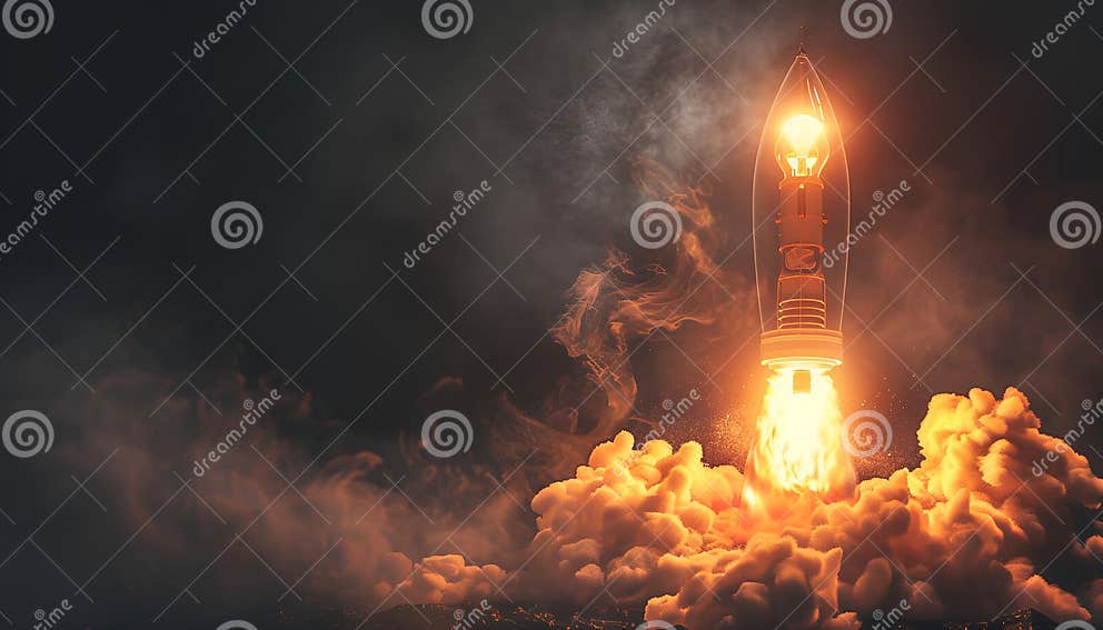 Creative Light Bulb Rocket with Blast and Smoke Takes Off on Black ...