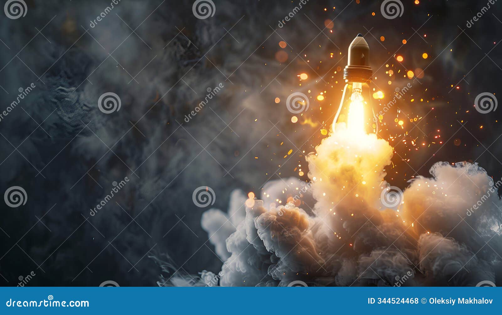 Creative Light Bulb Rocket with Blast and Smoke Takes Off on Black ...