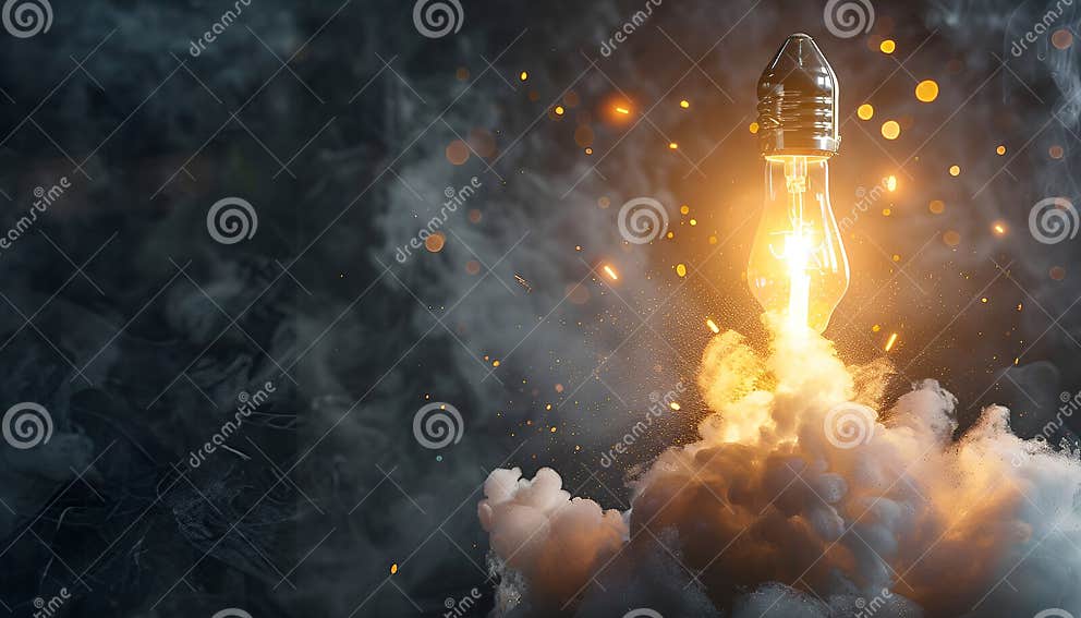 Creative Light Bulb Rocket with Blast and Smoke Takes Off on Black ...