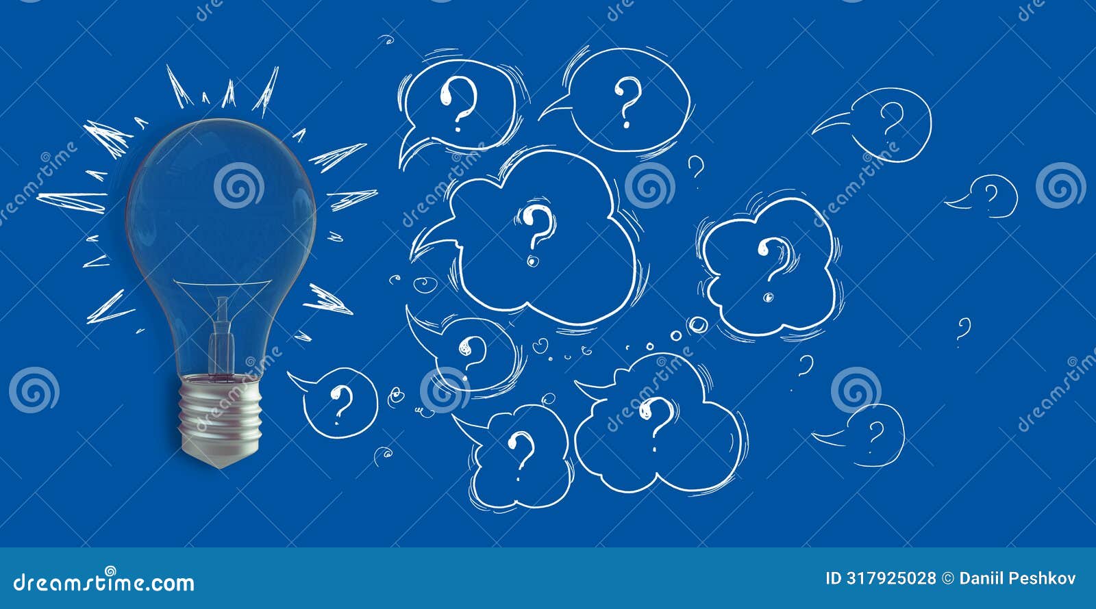 Creative Light Bulb Sketch with Questions on Blue Backdrop. Idea ...