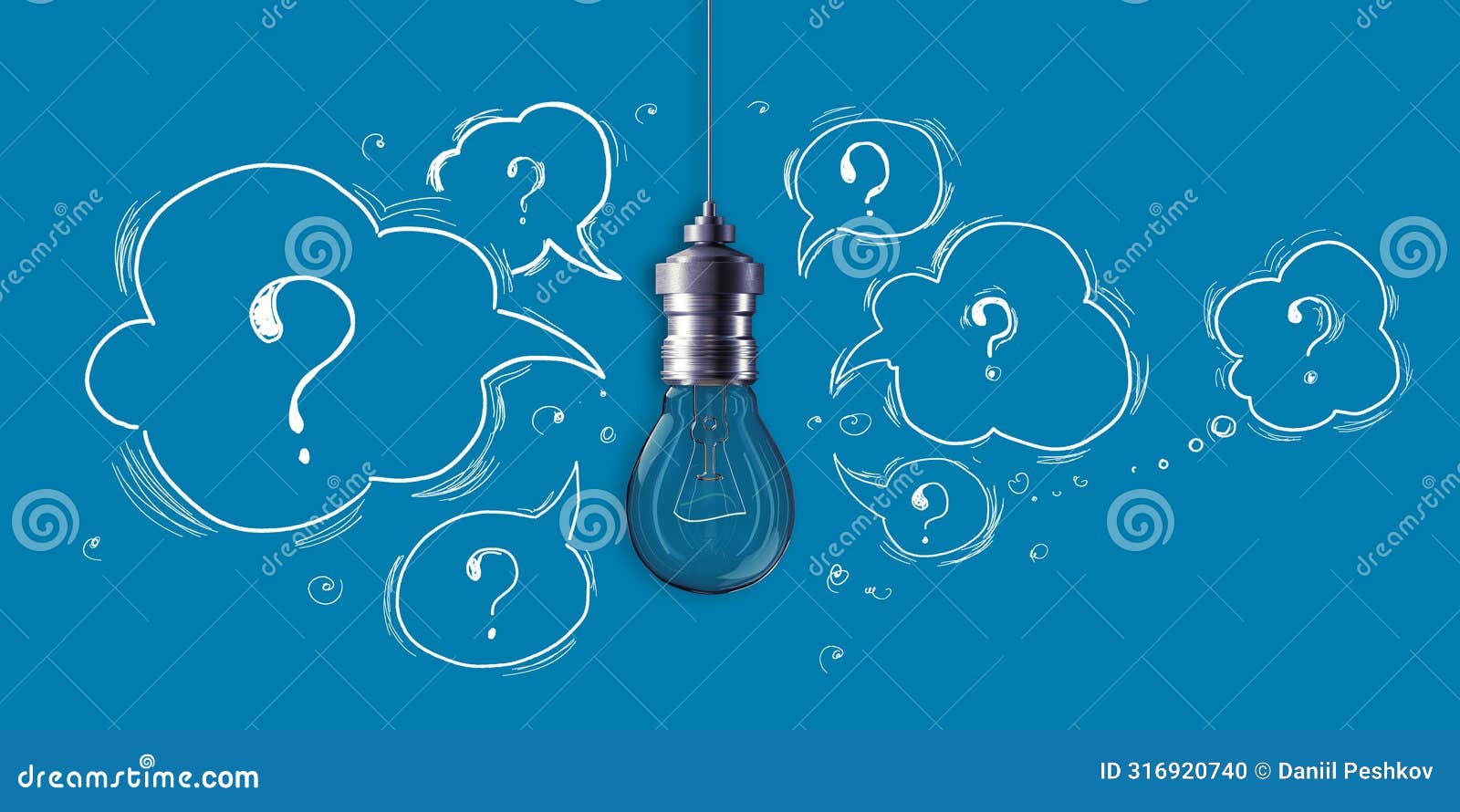 Creative Light Bulb Sketch with Questions on Blue Background. Idea ...