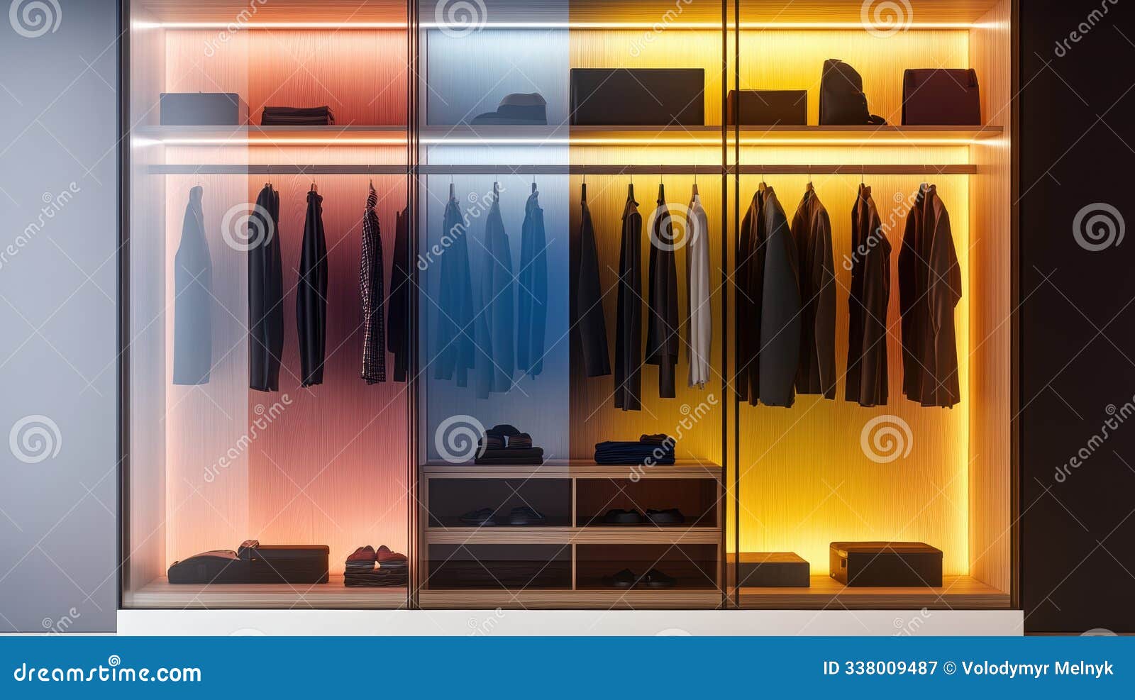 Creative, Luxurious Wardrobe with Translucent, Amber-toned Panels, Lit ...