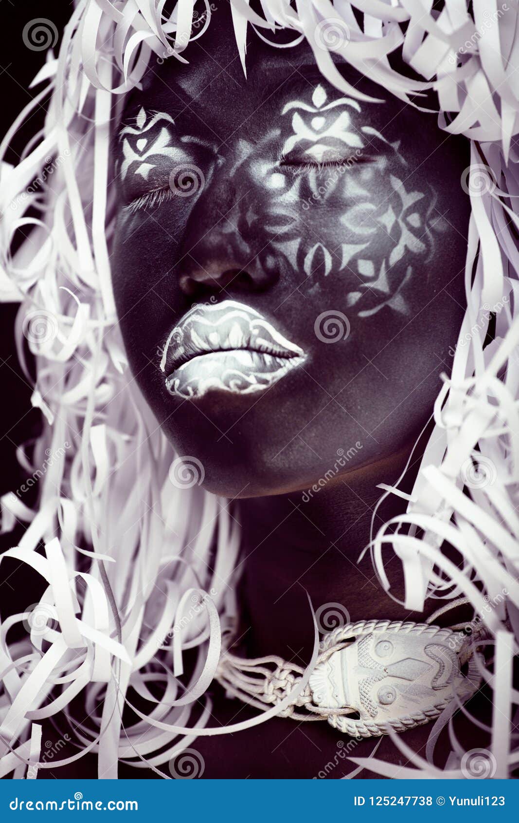 Creative Makeup Like Ethiopian Mask, White Pattern on Black Face Stock ...