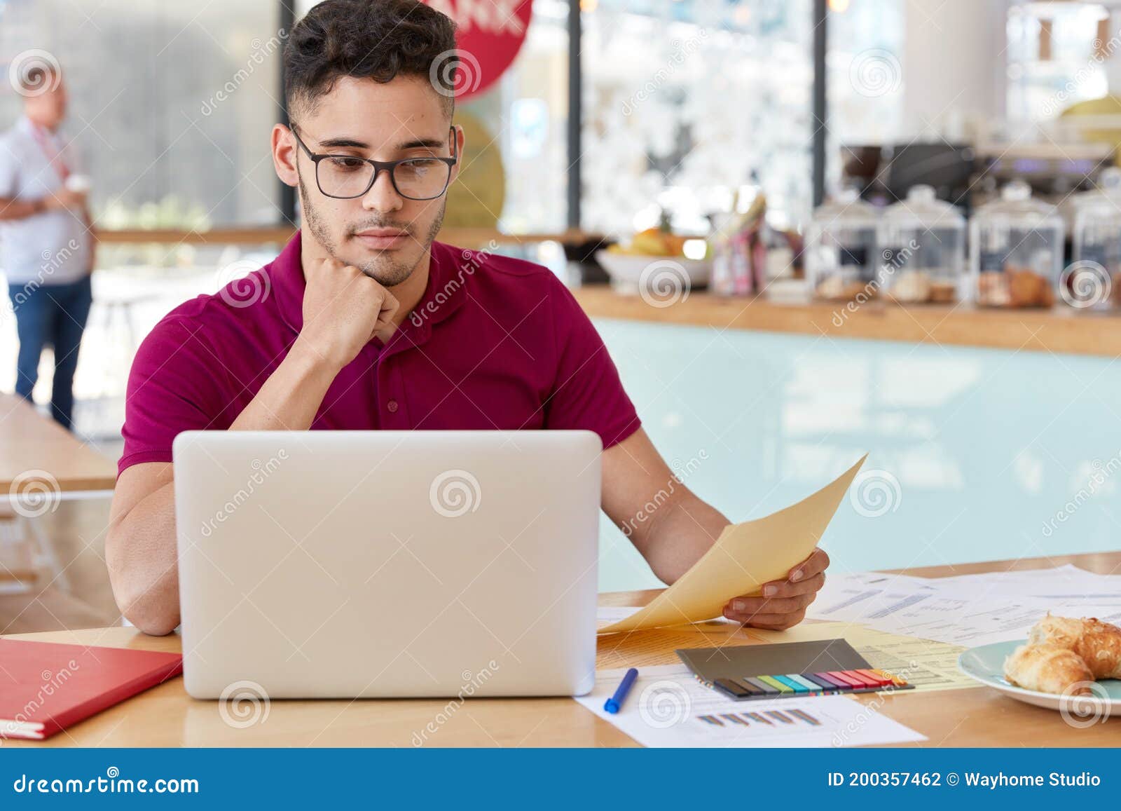 Creative Male Employer Does Remote Work in Cafe Interior, Dressed ...