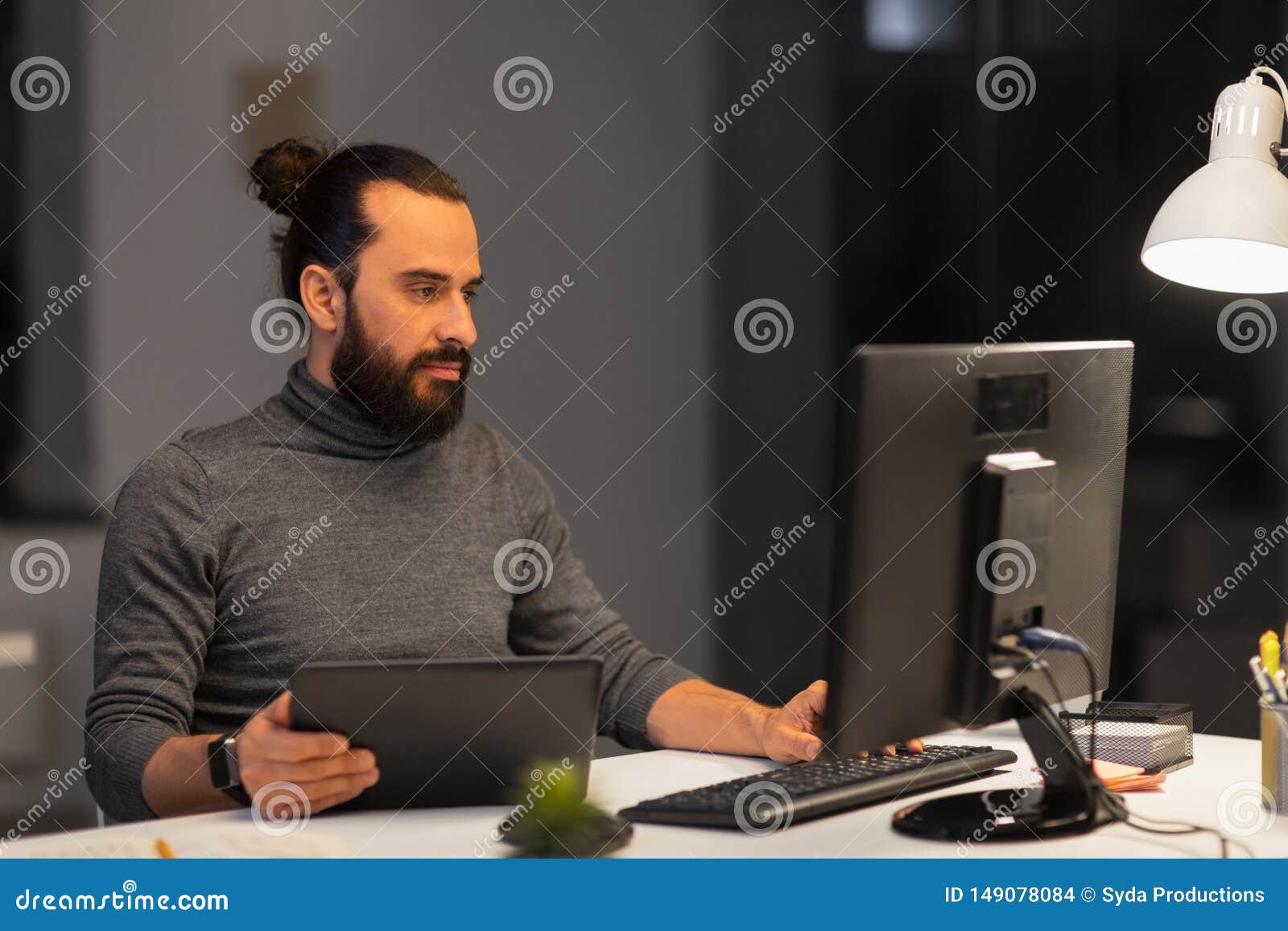 Creative Man with Computer Working at Night Office Stock Photo - Image ...