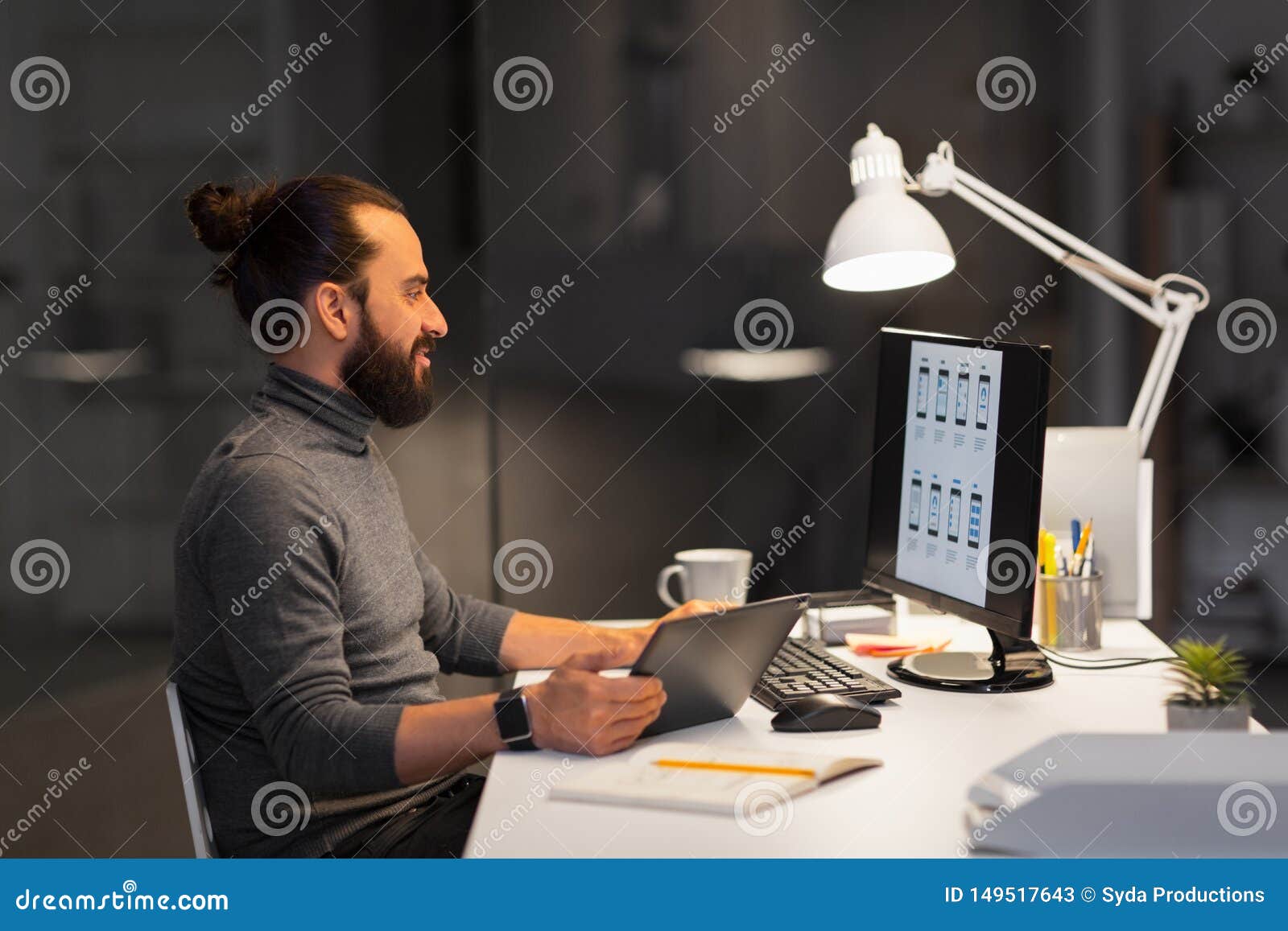 Creative Man with Computer Working at Night Office Stock Image - Image ...