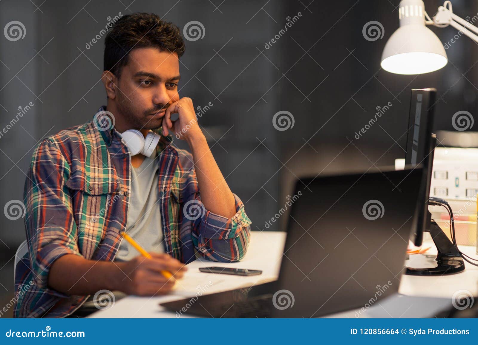 Creative Man with Laptop Working at Night Office Stock Photo - Image of ...