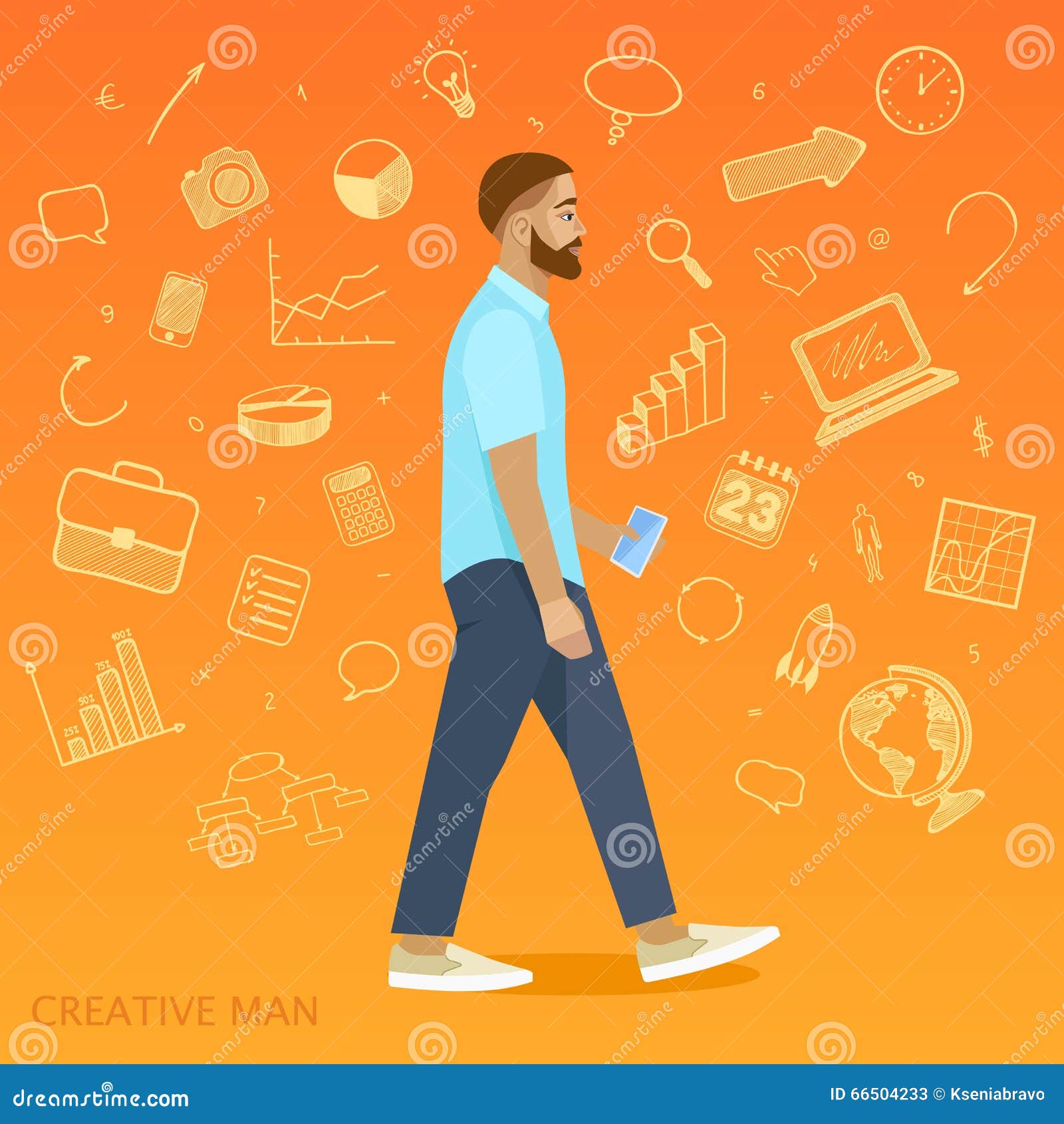 Creative Man on Orange Background, Business Icons Stock Vector ...