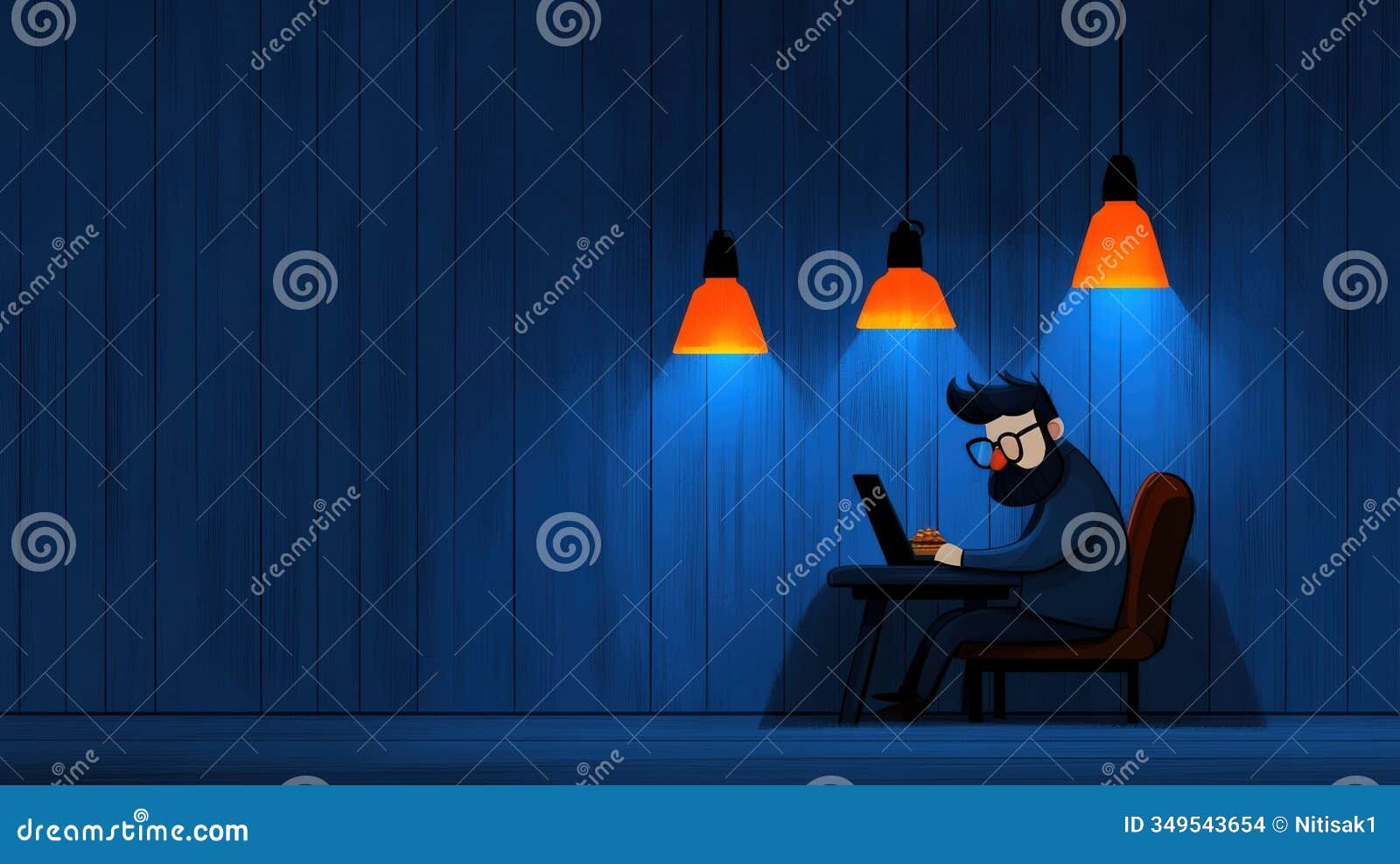Creative Man Working Late at Night in a Cozy Blue Wall Environment ...