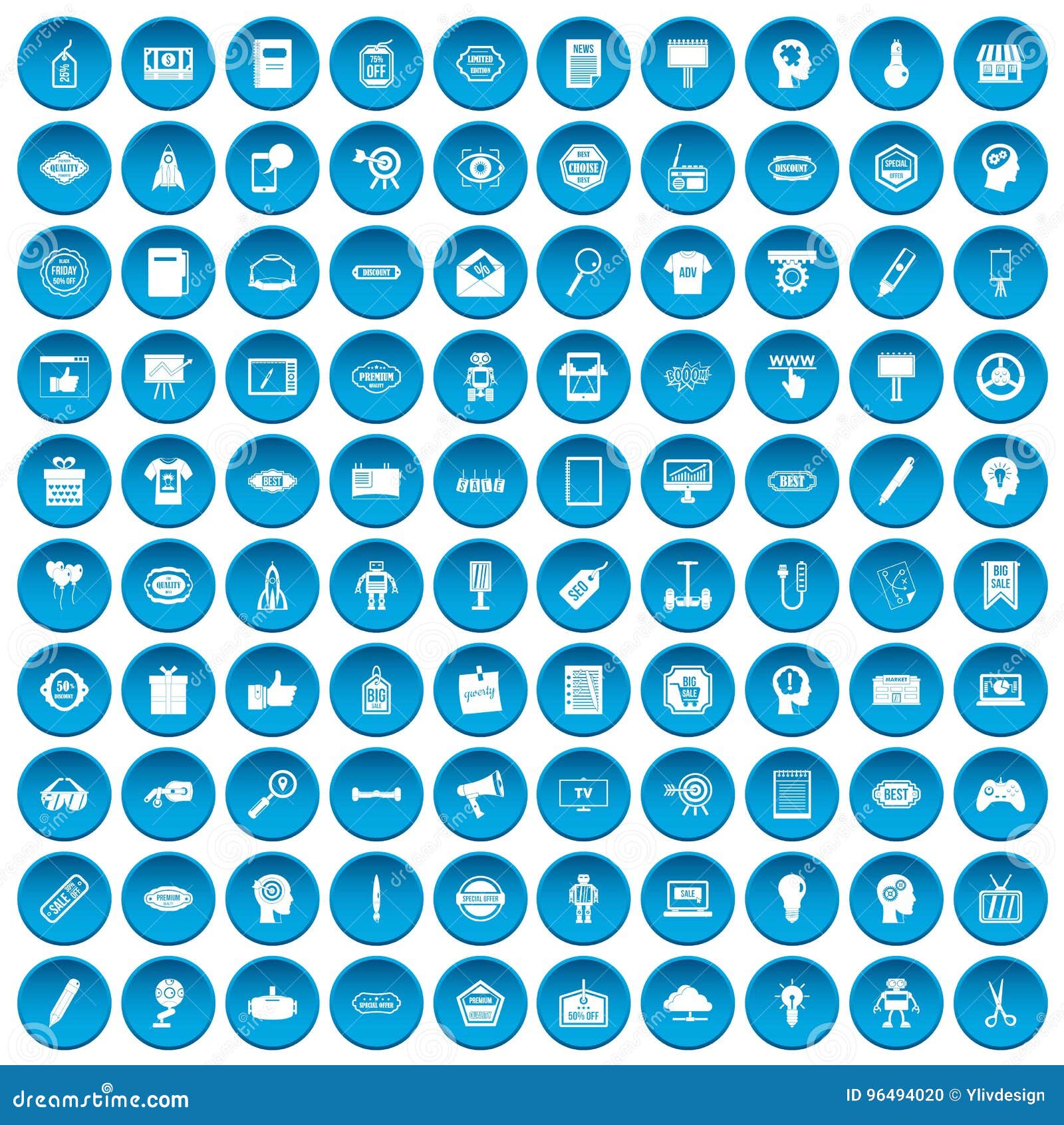 100 Creative Marketing Icons Set Blue Stock Vector - Illustration of ...