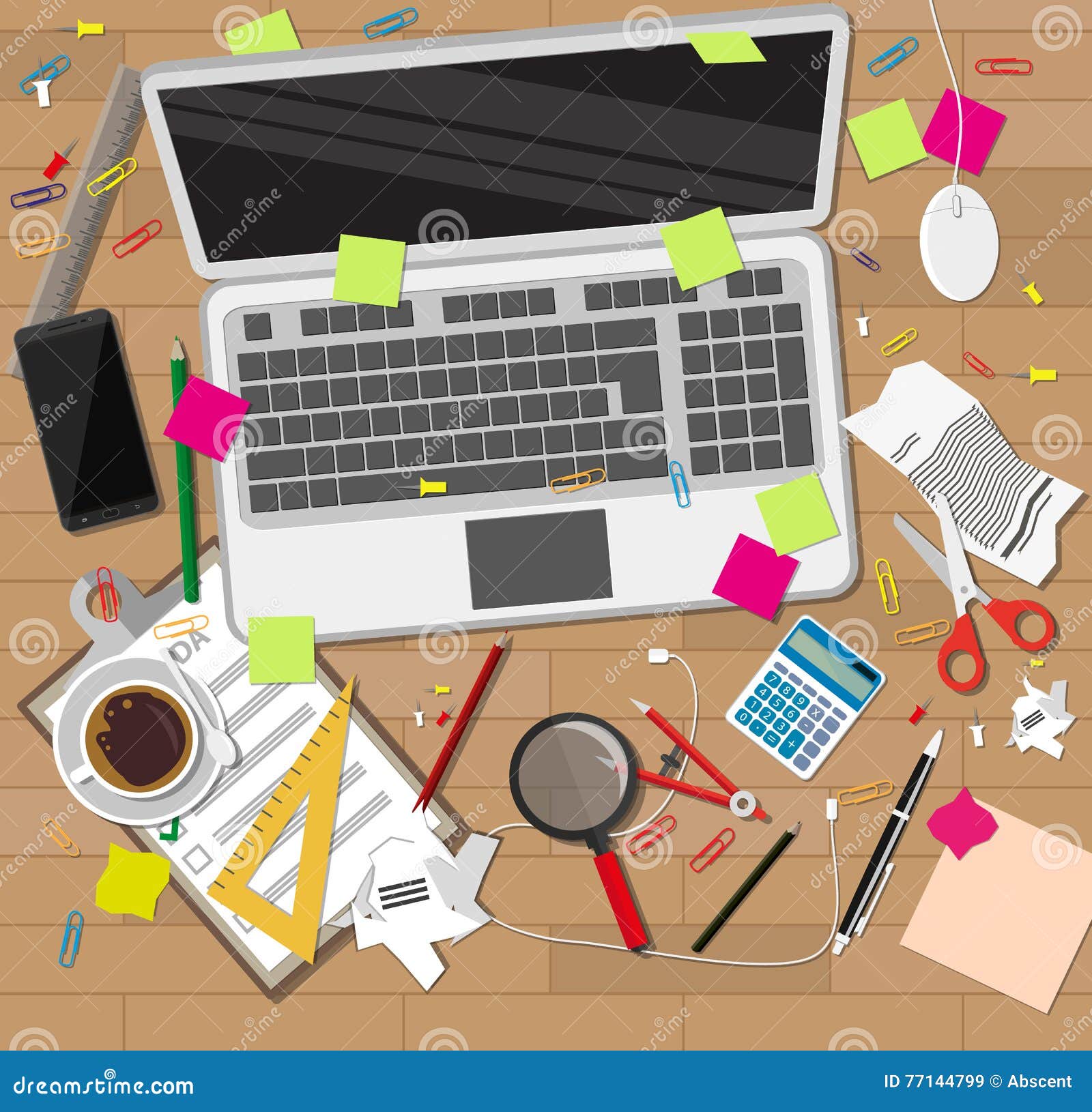 Creative Mess Wooden Desk. Chaos on Table Stock Vector - Illustration ...