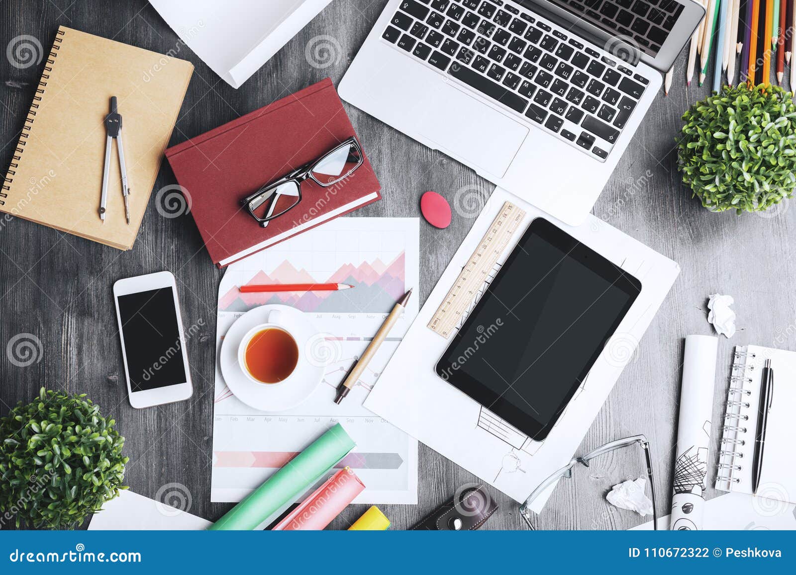 Creative messy workspace stock photo. Image of laptop - 110672322