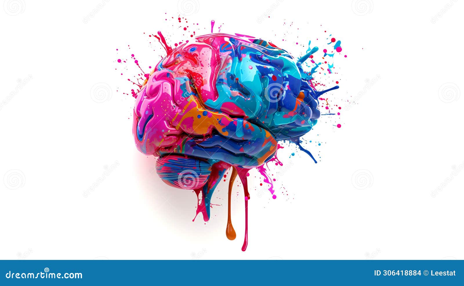 Creative Mind: Brain Imagery with Colorful Paint Drips on White Stock ...