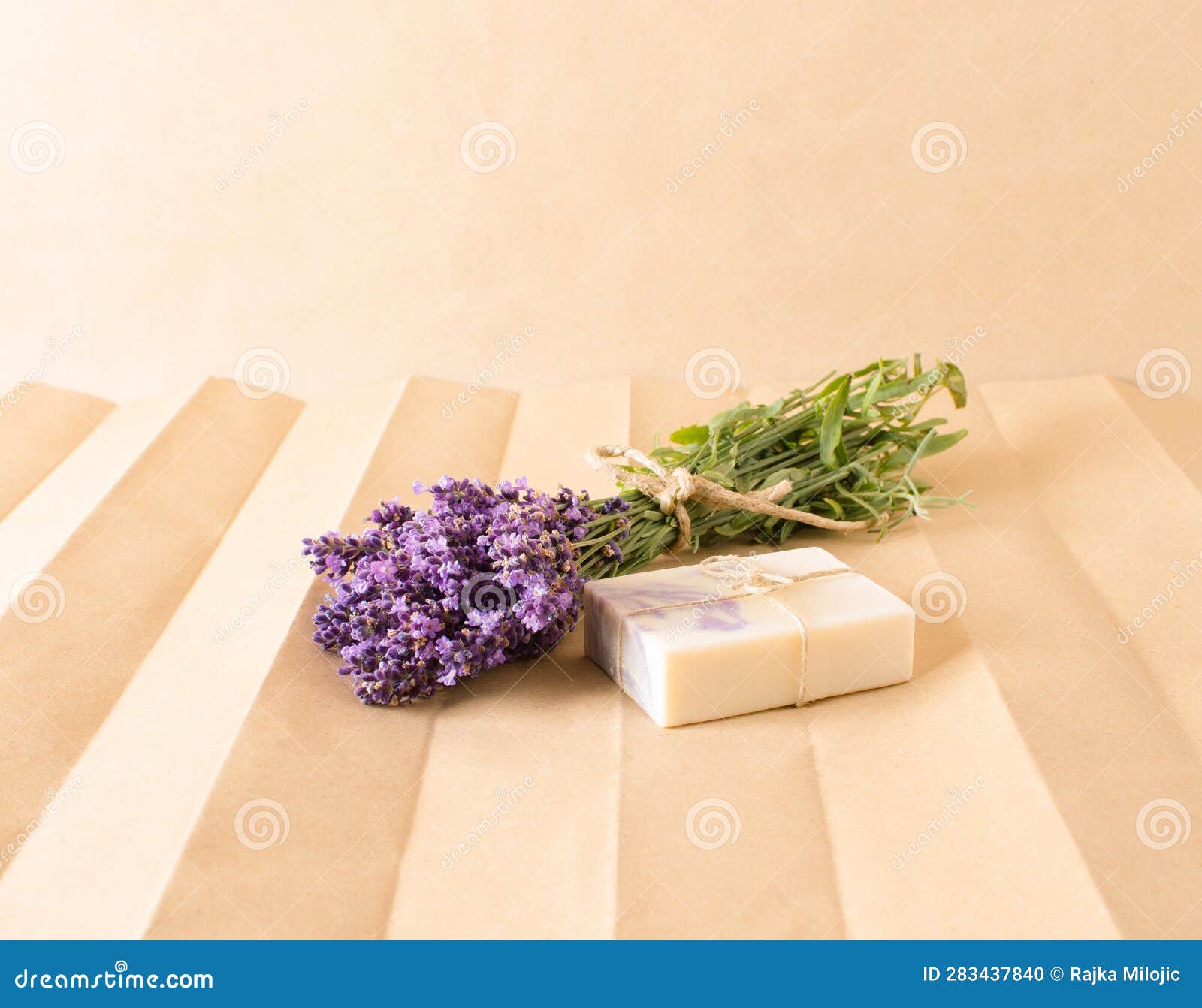 Creative Mock Up Layout Made of Lavender Branches with Wrapped Soap on ...