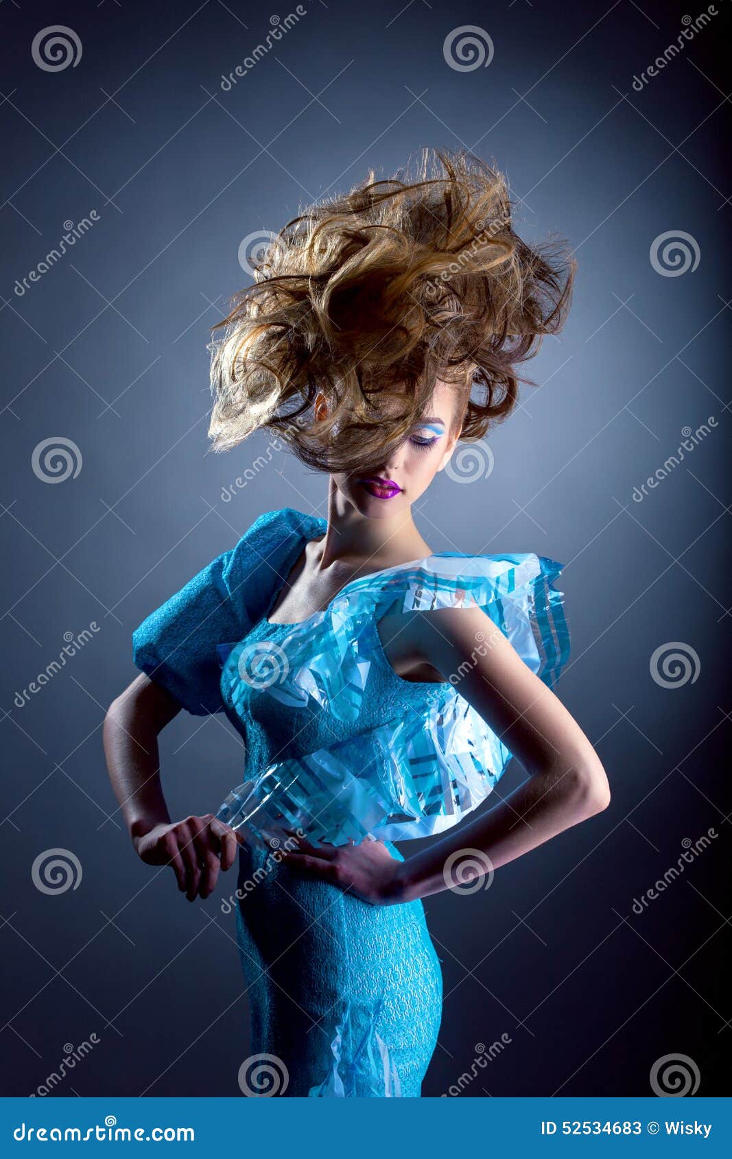 Creative Model Posing in Blue Dress Stock Image - Image of curly ...