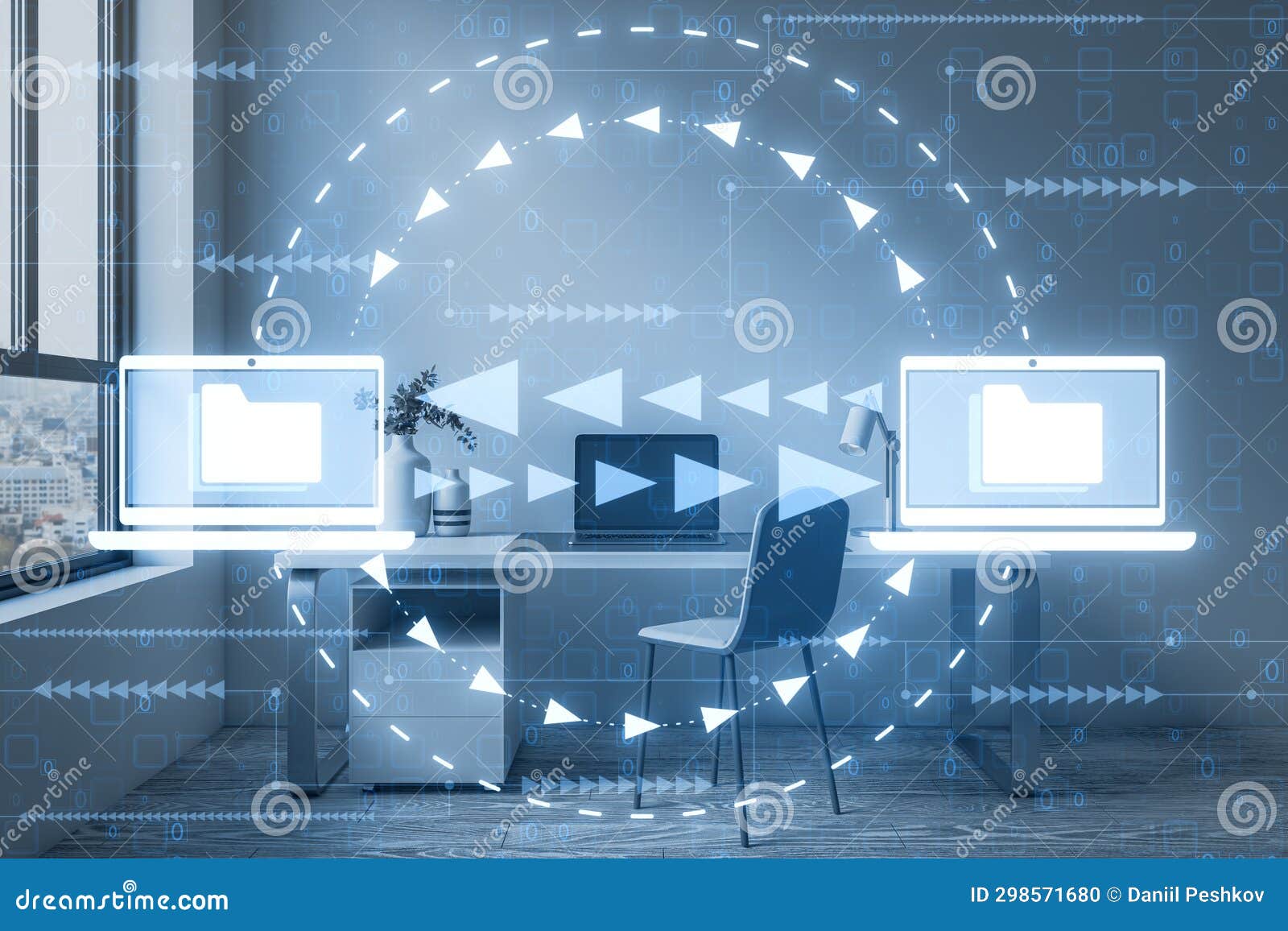 Creative Modern Workplace in Interior with Digital Data Transfer and ...