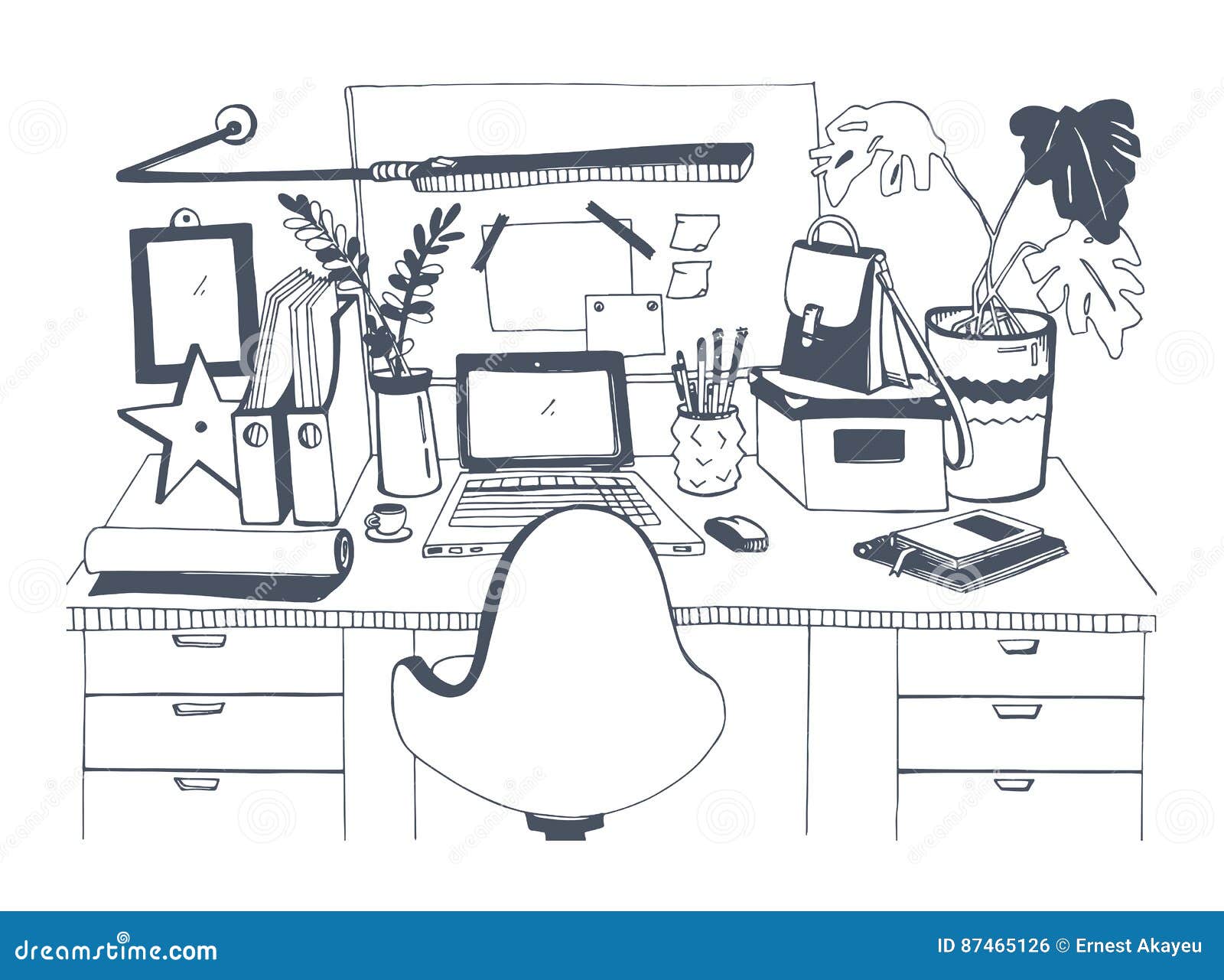 Creative Modern Workplace with Laptop, Hand Drawn Vector Illustration ...
