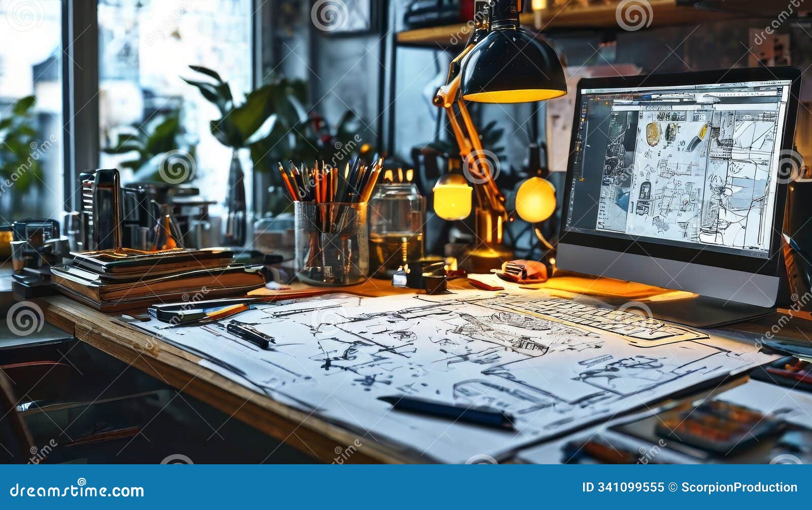 Creative Workspace with Architectural Sketches and Digital Tools Stock ...