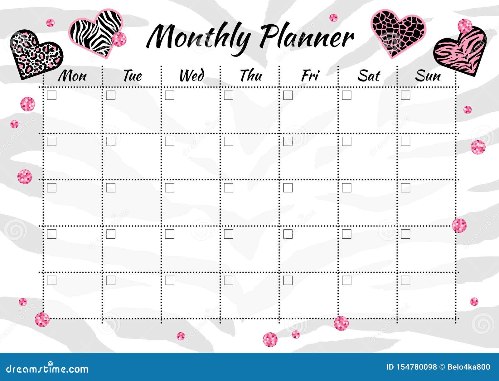 Creative Monthly Planner with Heart Animal Texture and Pink Glitter ...