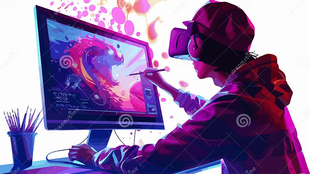 Creative Motion Graphic Designer Working with Pencil on Computer Stock ...