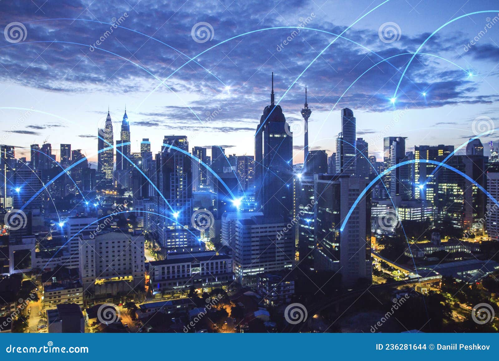 Creative Night City Backdrop with Digital Connections. Internet and ...