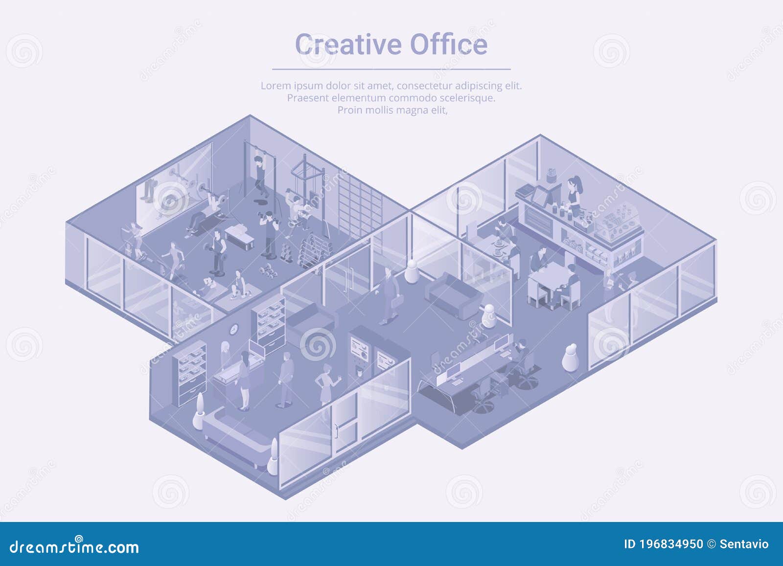 Creative Office with Cafe Bar and GYM Isometric Flat White Monochrome ...