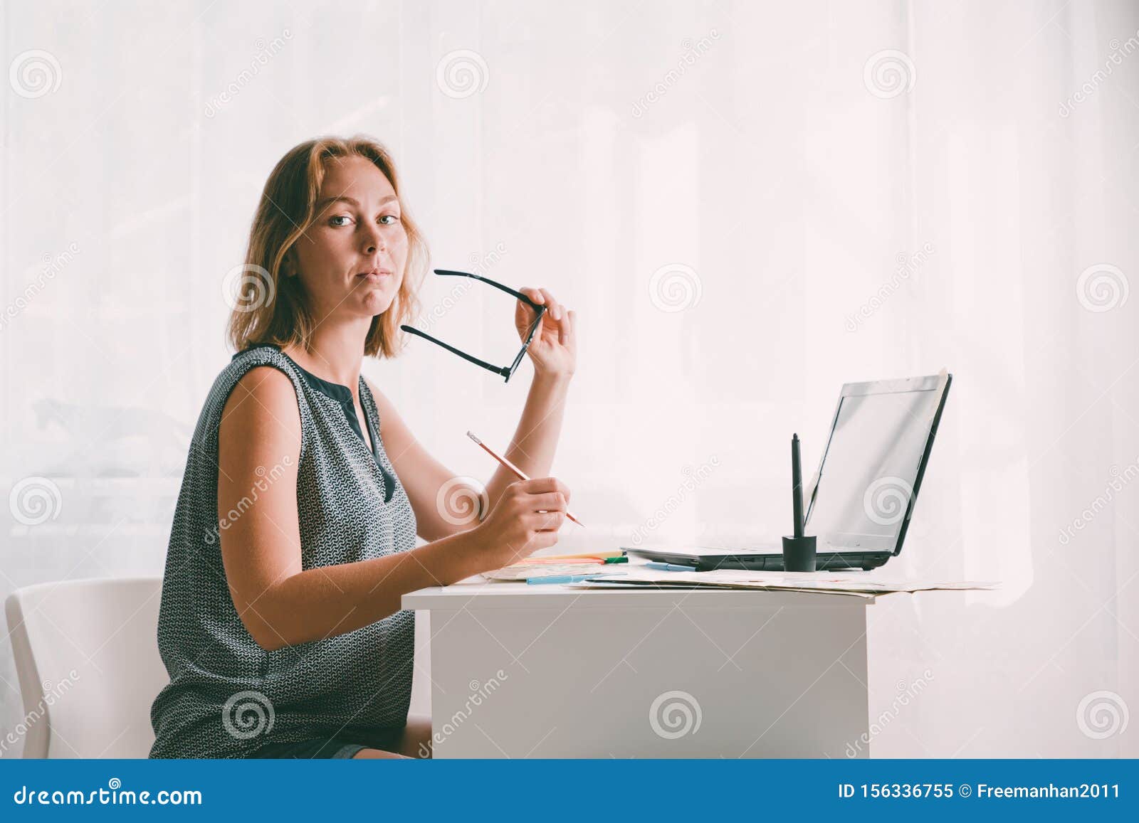Creative and Office Work. Young Woman Designer Working at a Computer ...