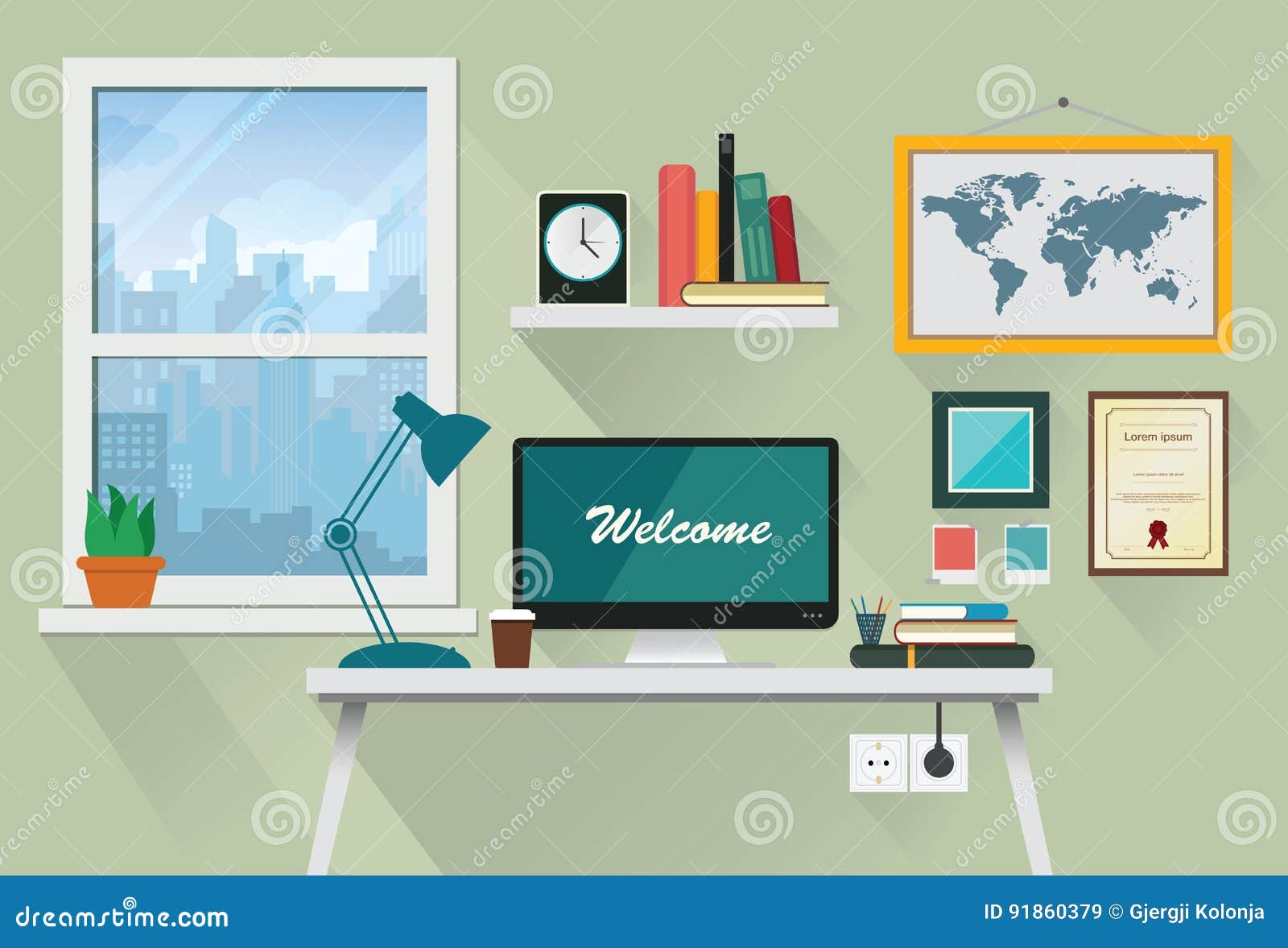 Creative Office Workspace in Flat Design Stock Illustration ...