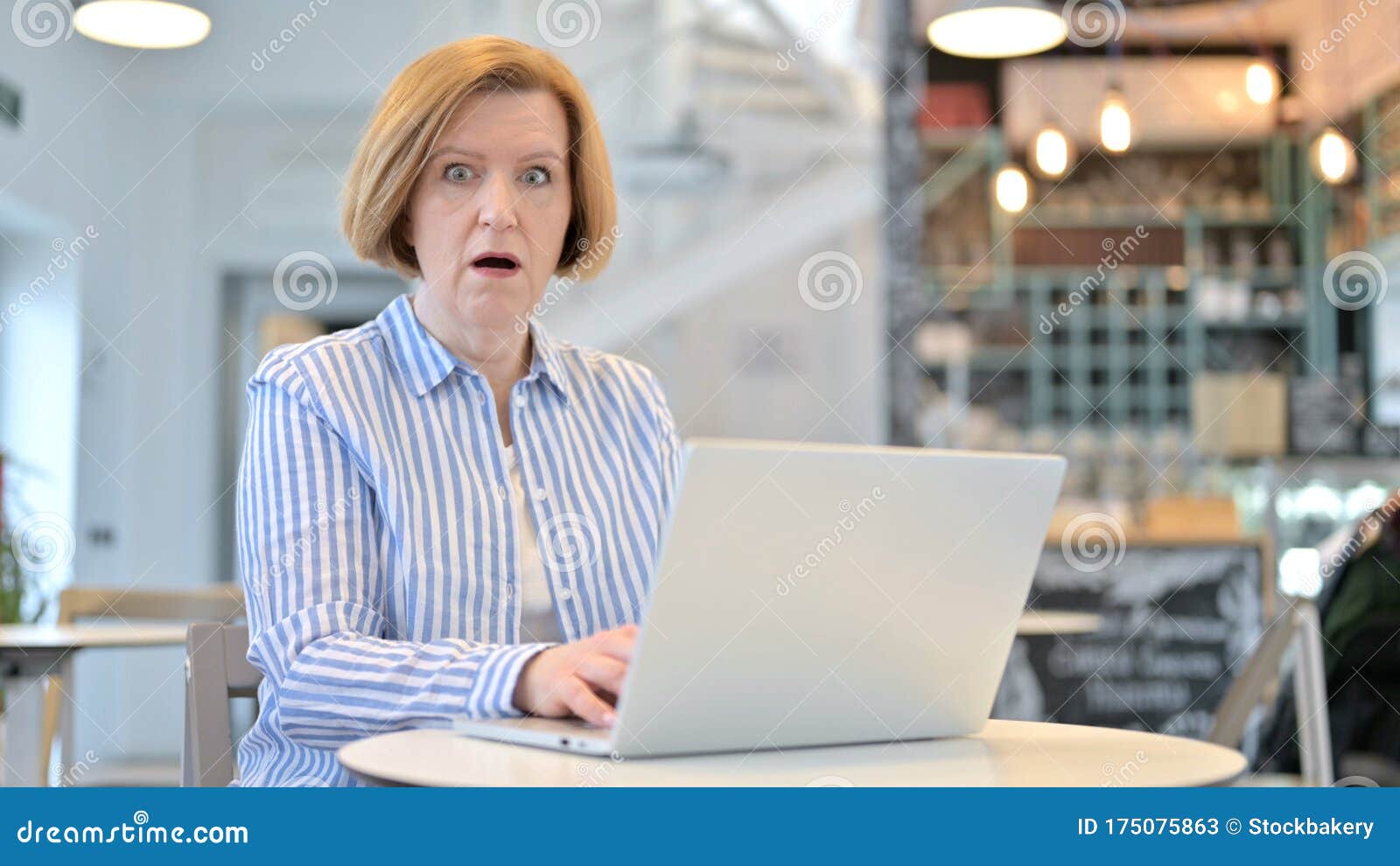 Creative Old Woman with Laptop Shocked in Cafe Stock Image - Image of ...